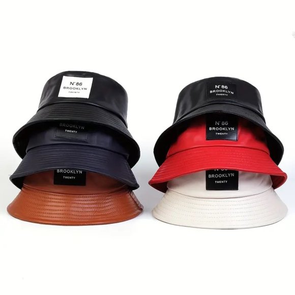 Accessories | New Faux Leather Pu Bucket Hat Solid Contrast Patch Label ...